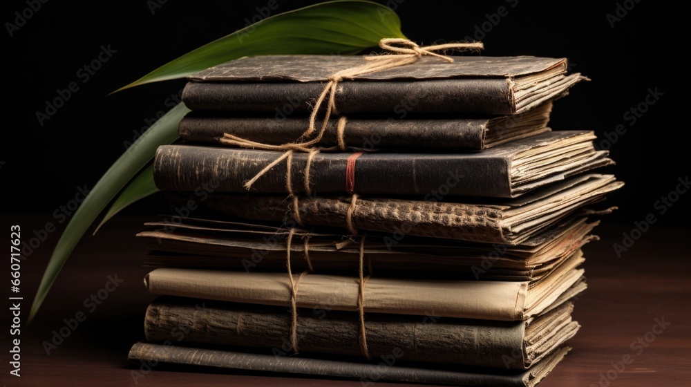 Concept photo of a stack of palm leaf manuscripts, used in traditional ...
