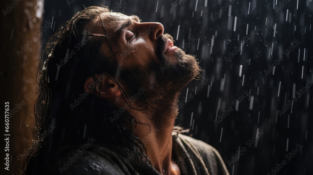 Rain starts to pour down as Jesus is raised on the cross, adding to the ...