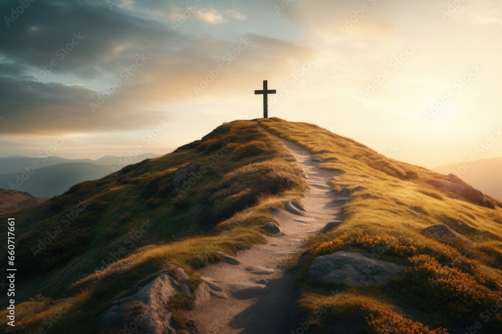 Foto de Concept photo of a cross on a hill, with a winding path leading ...