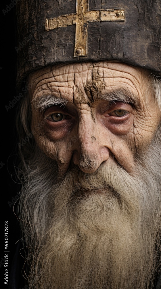 Closeup of a weathered old man, his face lined with years of wisdom and ...