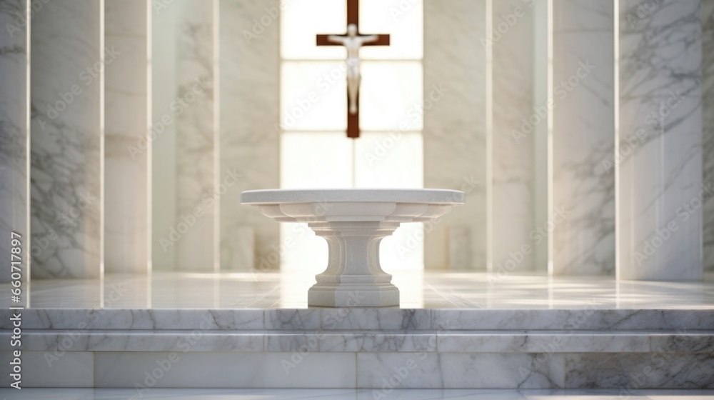 Concept photo of a traditional Catholic cross atop a pedestal, standing ...