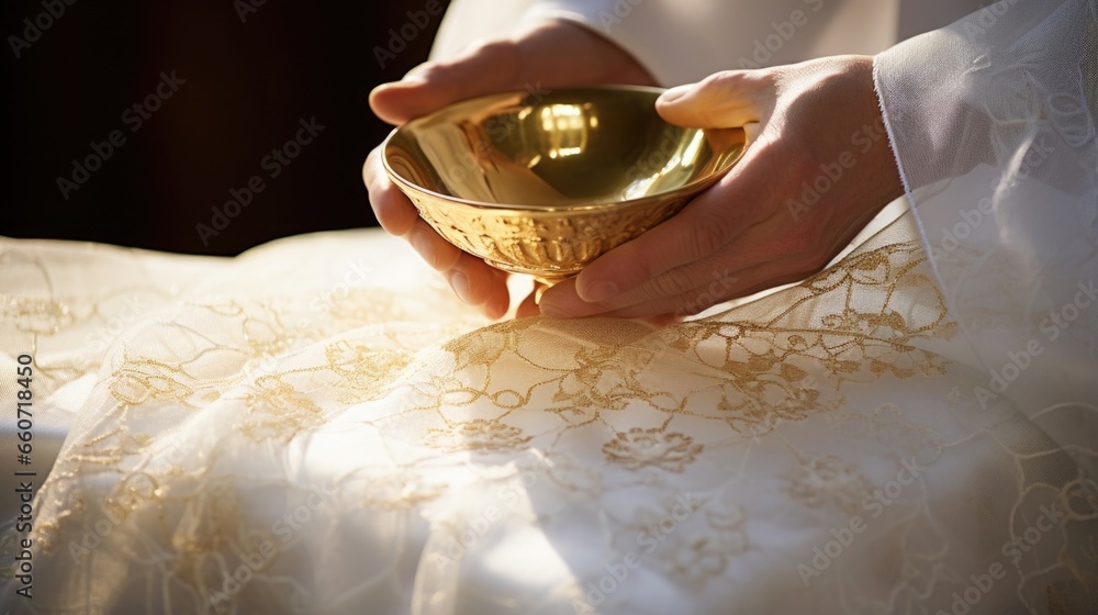 Closeup of a paten and chalice being adorned with a small white cloth ...