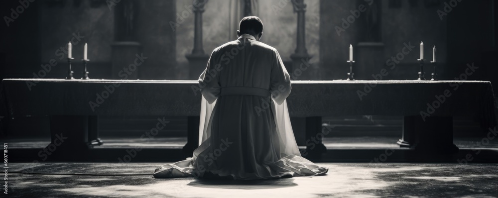 A concept photo of a priest bowing before the altar, where the ...