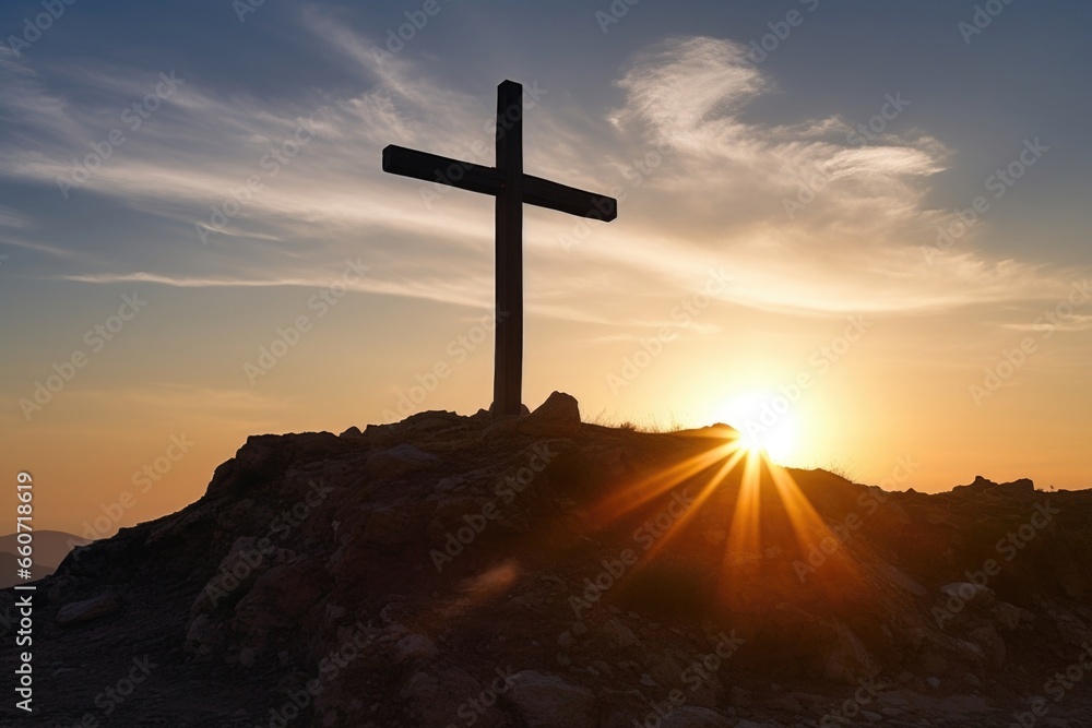 Poster, Foto A silhouette of a cross on a hilltop, with the sun setting ...
