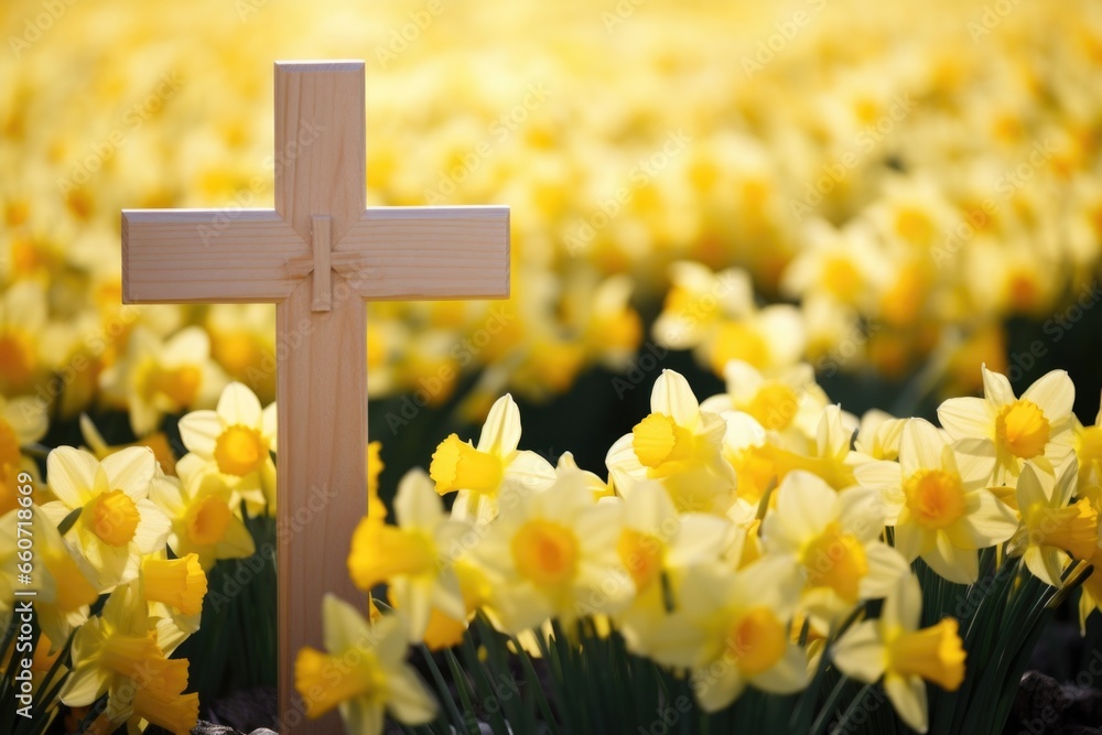 Concept photo of a wooden cross covered in bright yellow daffodils ...