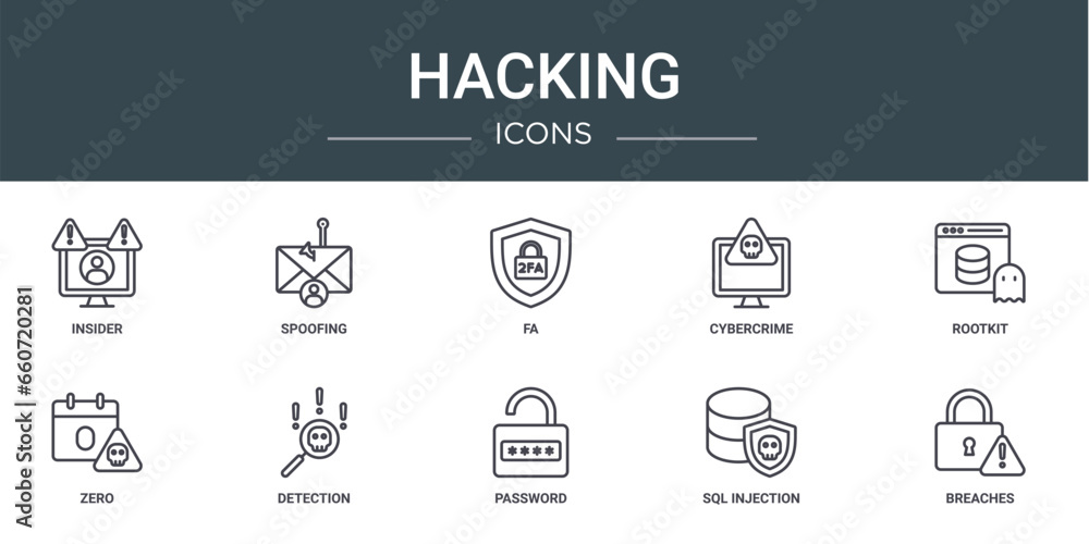set of 10 outline web hacking icons such as insider, spoofing, fa ...