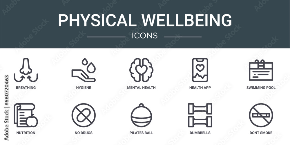 set of 10 outline web physical wellbeing icons such as breathing ...