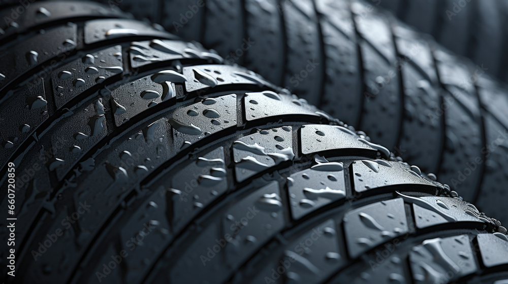 Closeup of a tire tread featuring a series of circular grooves that ...