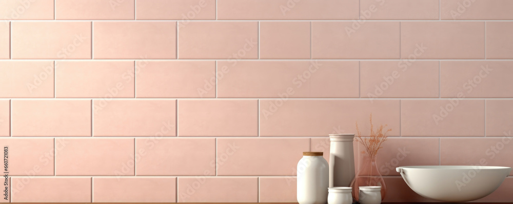 Closeup of matte finish fireclay tiles in a soft blush pink color. The ...