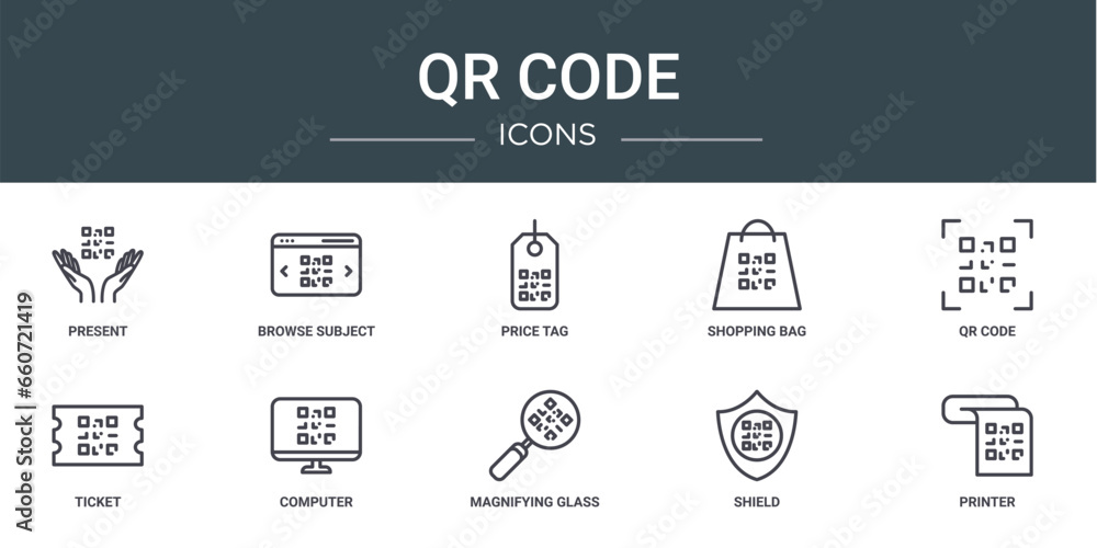 set of 10 outline web qr code icons such as present, browse subject ...