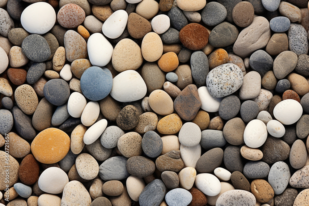 Texture of pebbles on the beach A mix of pebbles and sand creates a ...