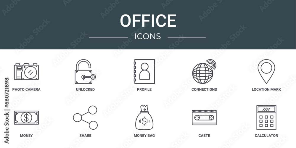 set of 10 outline web office icons such as photo camera, unlocked ...