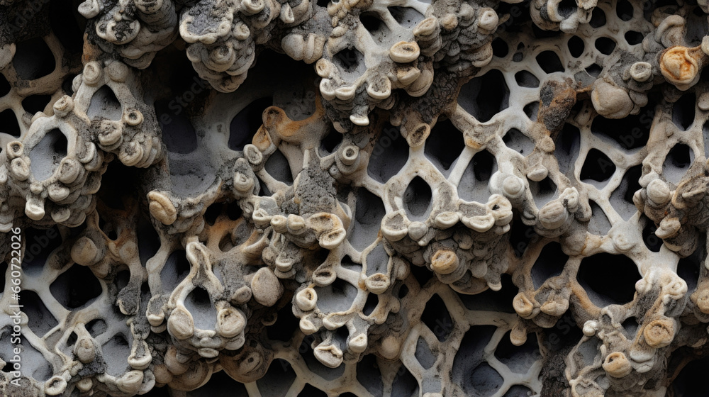 Texture of barnacles on a jagged coastal formation, varying in size and ...