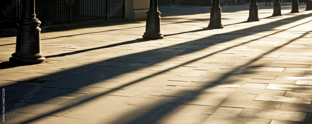 Texture of juxtaposing linear shadows on the pavement, as multiple ...