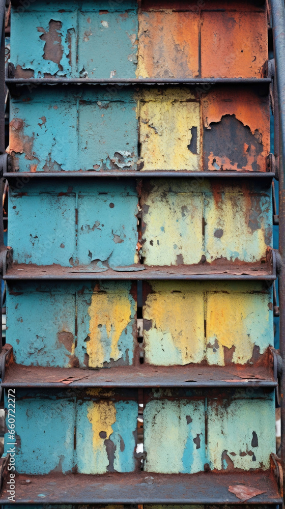 Closeup of a worn fire escape, the metal grates showing signs of rust ...