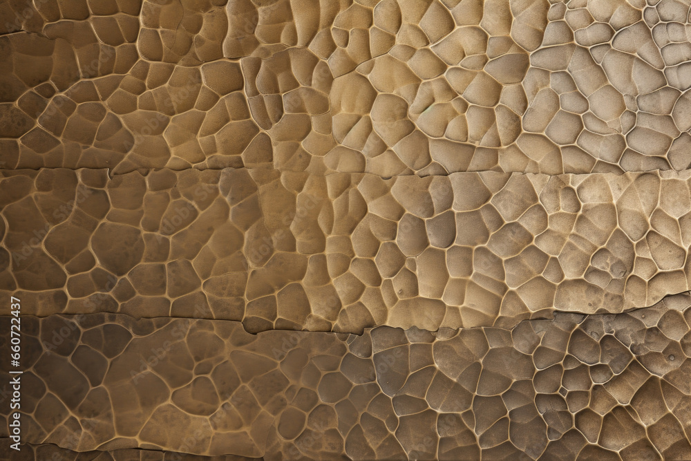 Closeup of a hammered antique brass surface, showcasing a rugged and ...