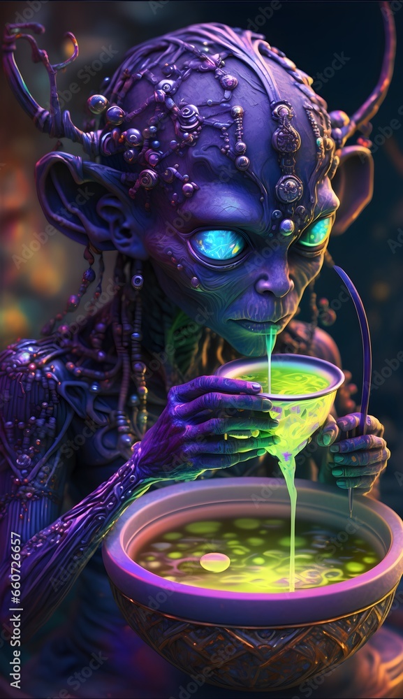 cheerful humanoid alien like the movie avatar drinking a mysterious a ...
