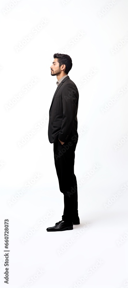 Full body portrait side view man standing and thinking isolated over ...