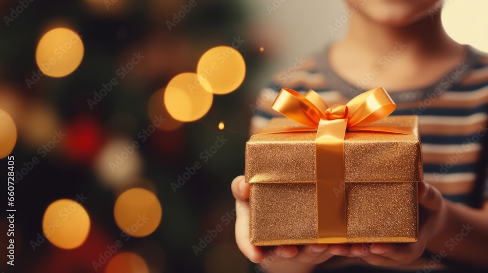 Magical Christmas Moment: Children's Hands Holding a Gift in Front of a ...