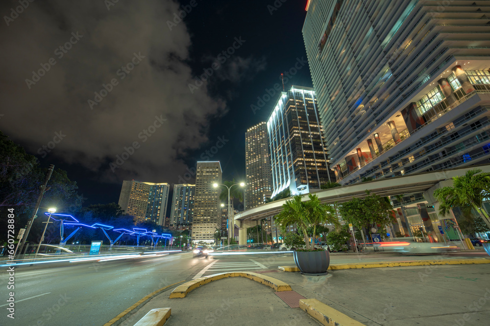 Downtown district of of Miami Brickell in Florida, USA. Brightly ...
