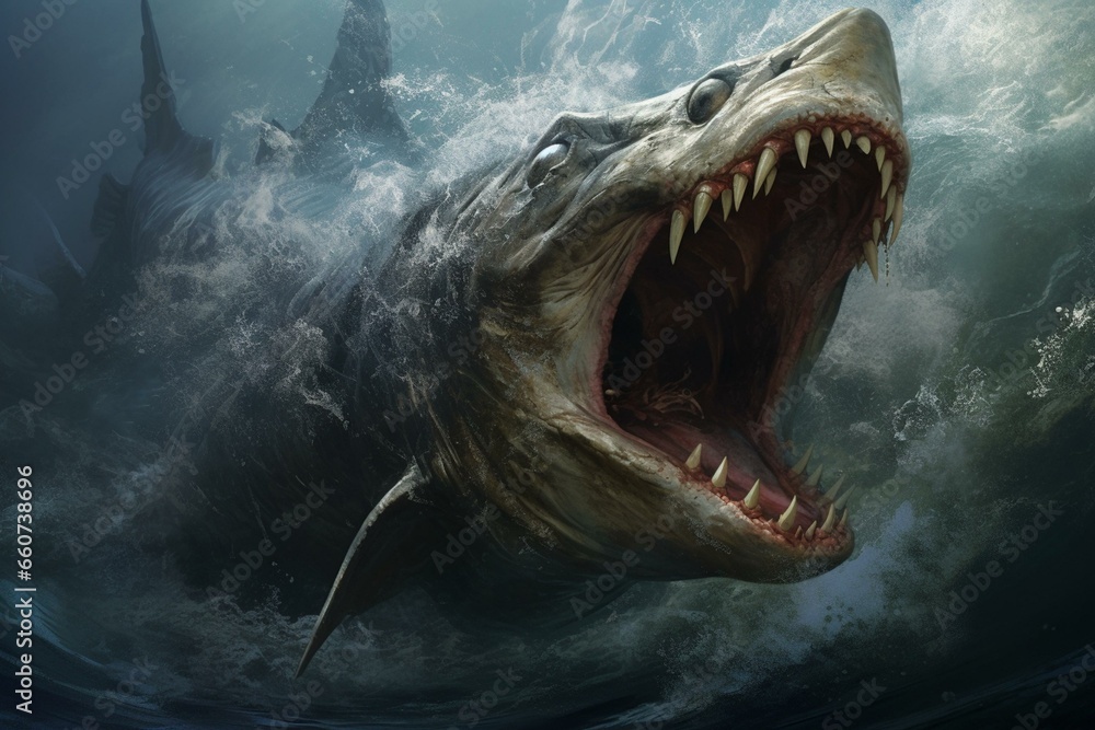 Enormous sea predator aggressively strikes with its mouth wide open ...