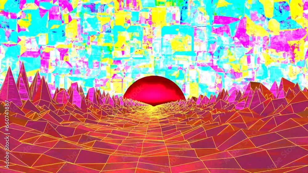 80's retro Vaporwave Scene and voronoi sky texured wireframe sci-fi ...