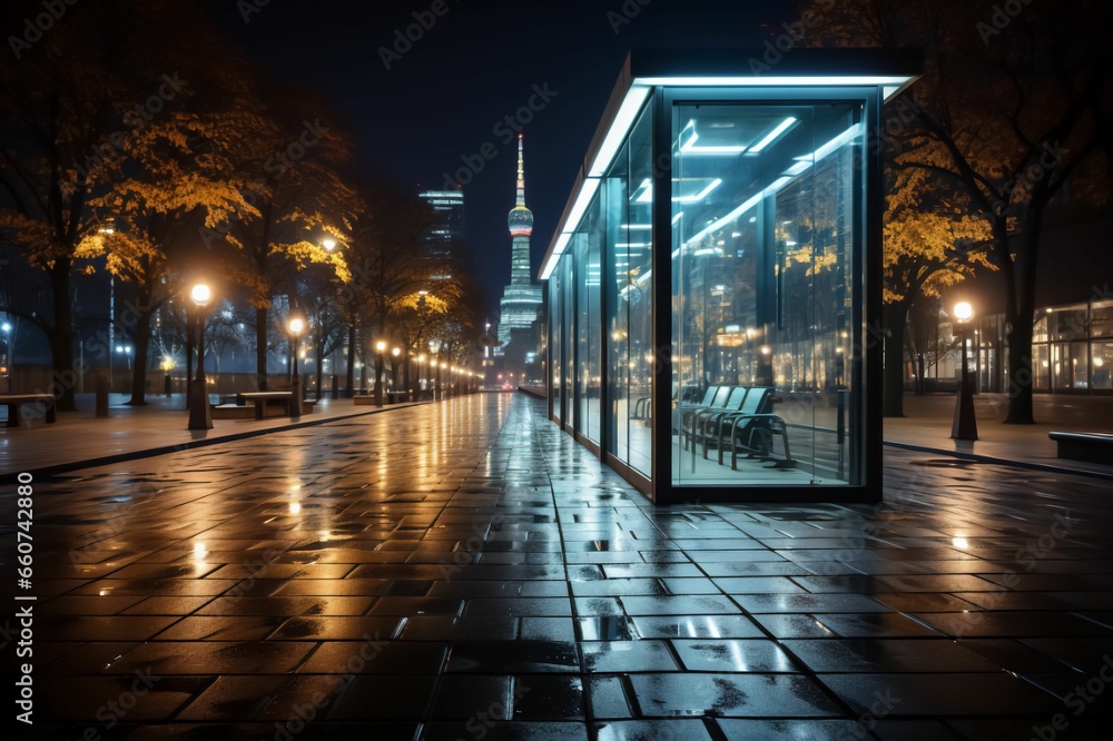 Arrêt de metro et de bus dans une ville futuriste de nuit avec des ...