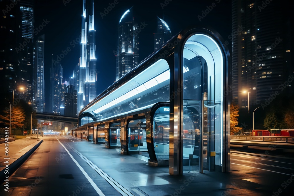 Arrêt de metro et de bus dans une ville futuriste de nuit avec des ...