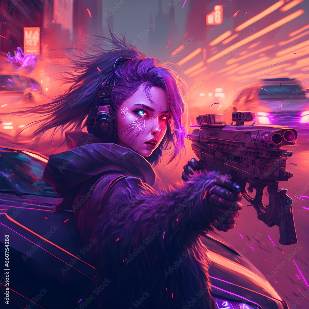 Angry Anime Girl Shooting Gun In Chaotic Battle Attractive Retrowave angry-anime-girl-shooting-gun-in-chaotic-battle-attractive-retrowave
