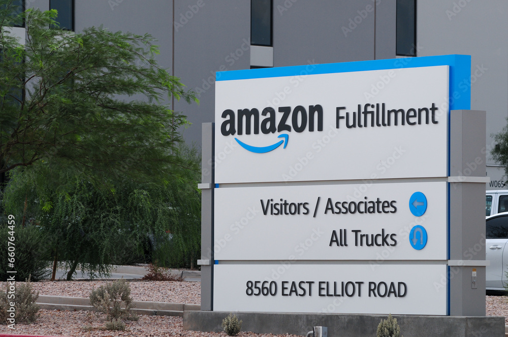 Exterior view of Amazon Fulfillment Center warehouse building monument ...