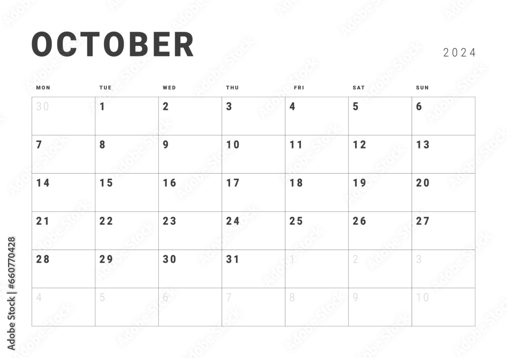 Monthly page Calendar Planner Templates of October 2024. Vector layout ...