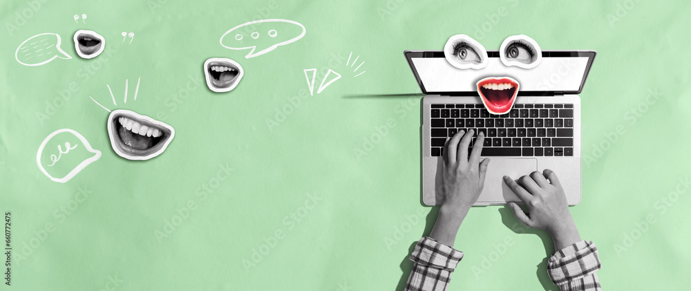 Person using a laptop computer with eyes and mouth - Photo collage ...