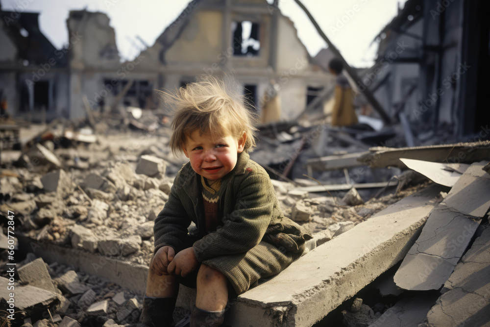 a crying children in front of a house that collapsed because of the war Stock Photo | Adobe Stock