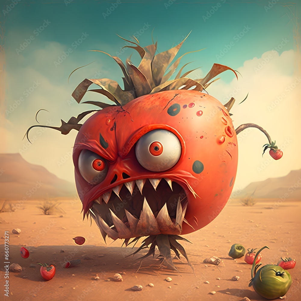 angry post apocalyptic tomato cartoon digital art painting Stock ...