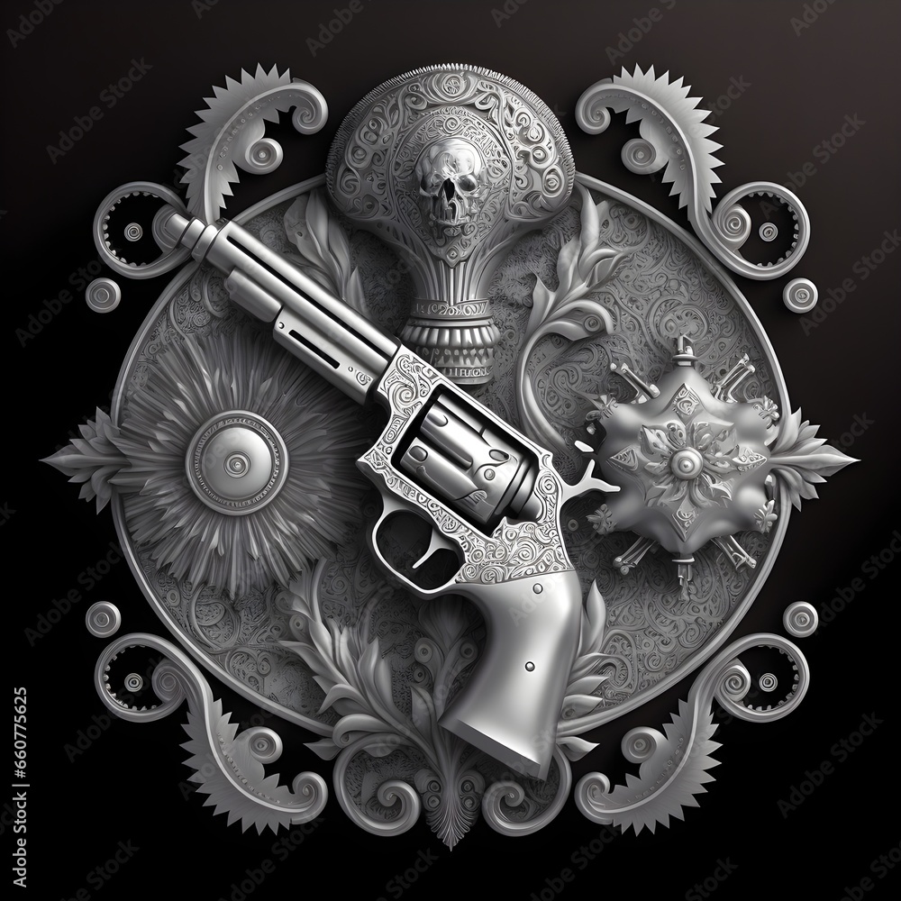 one shiny single silver brushed metal western revolver intricatley ...
