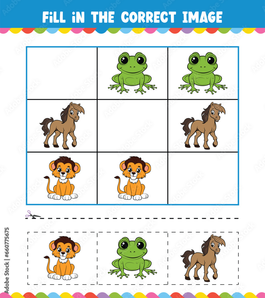 Education game for children Fill In The Correct Image with Cute Animal ...