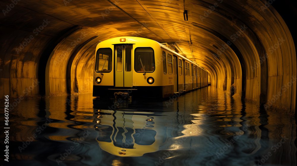 Yellow subway train in a dark tunnel with reflection in the water Stock ...