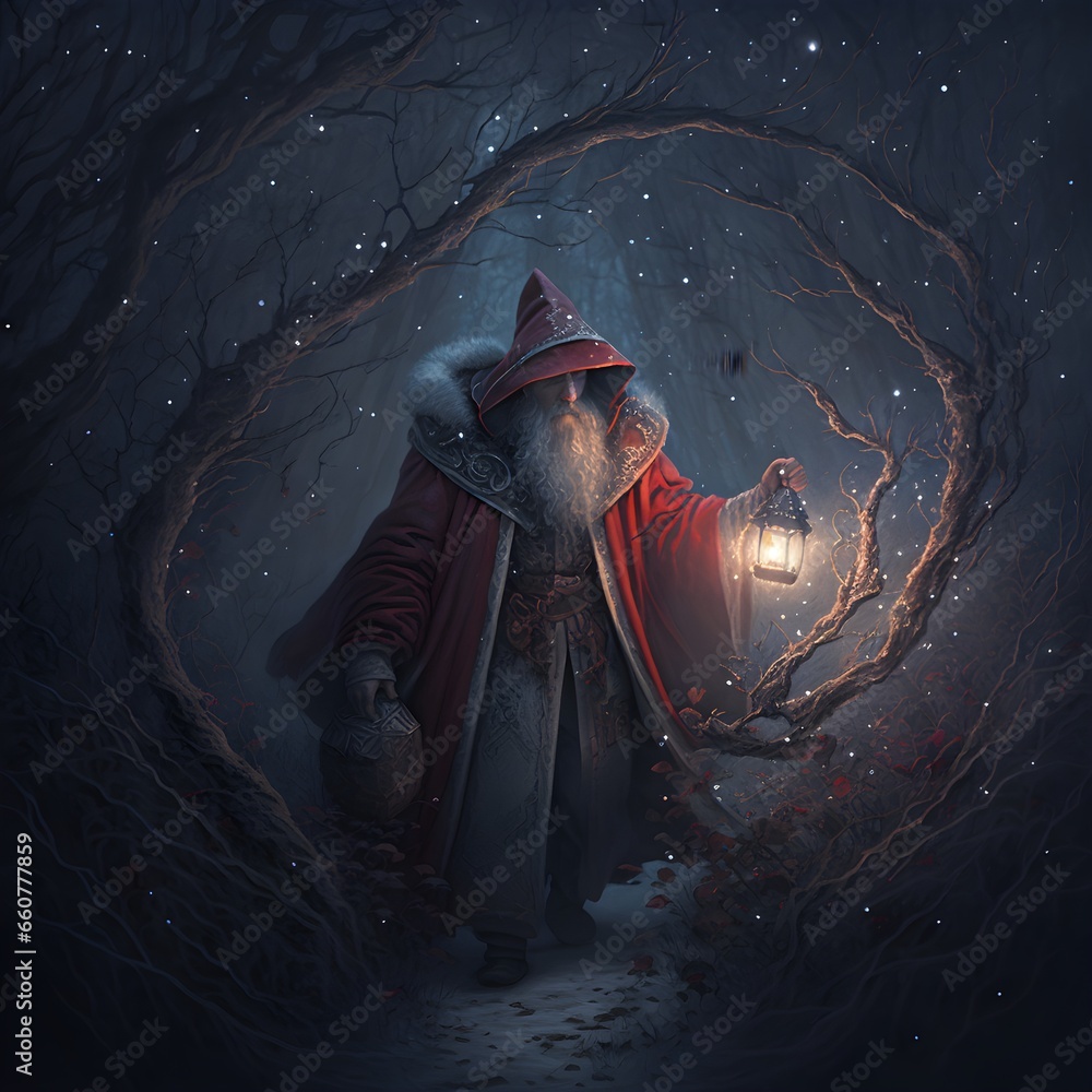 Dynamic exciting highly detailed action illustration of an old wizard ...