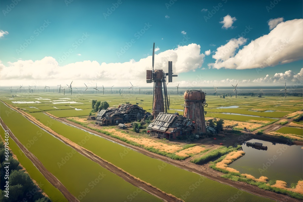 with windmills and solar planels and dystopic feel extremely detailed ...