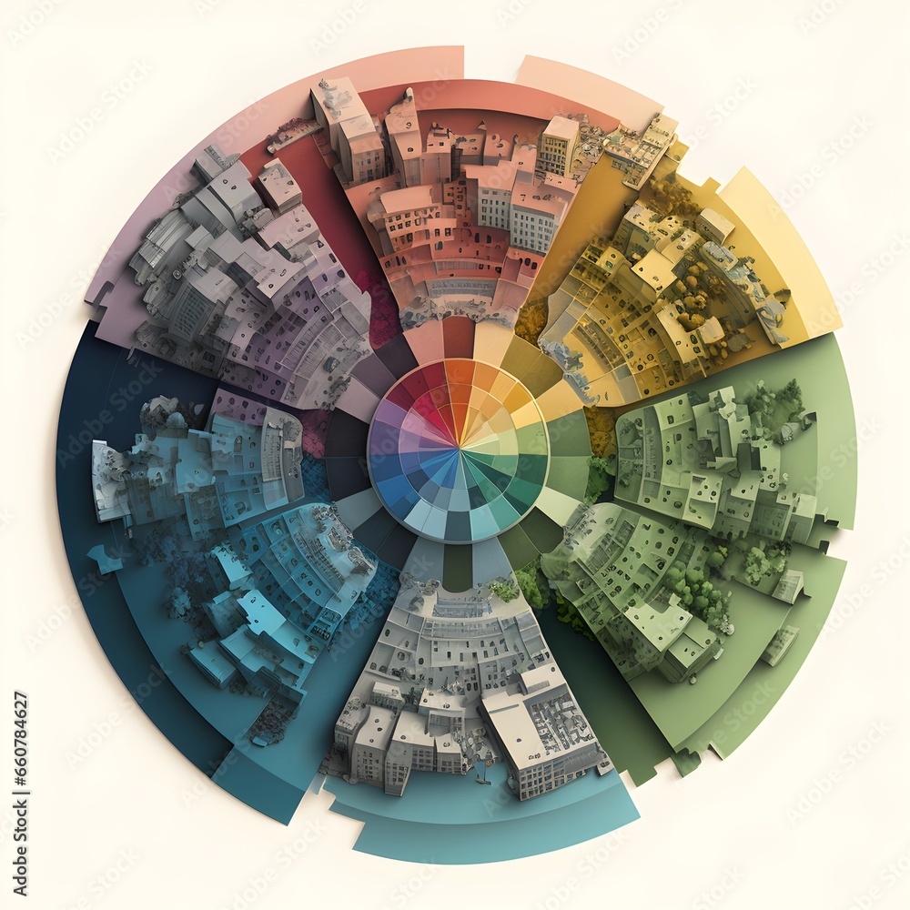 isometric map of dystopian cities divided into radial sections like a ...