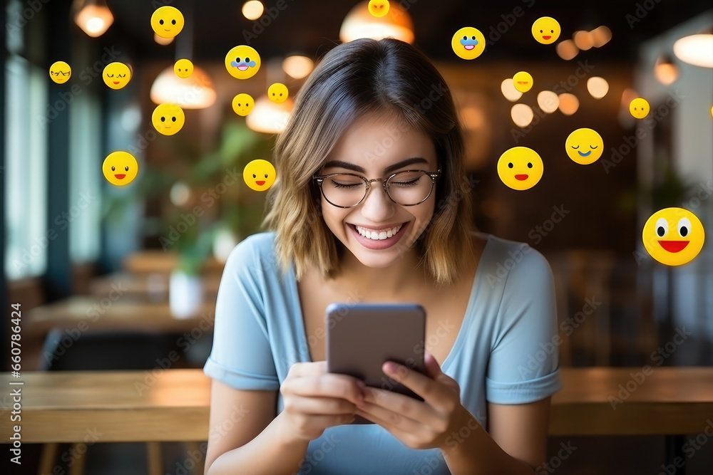 A beautiful young woman influencer is receiving emoji and emoticon ...
