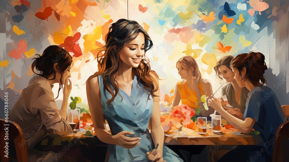 Colorful Woman Socializing with friends and family, Cartoon Graphic ...