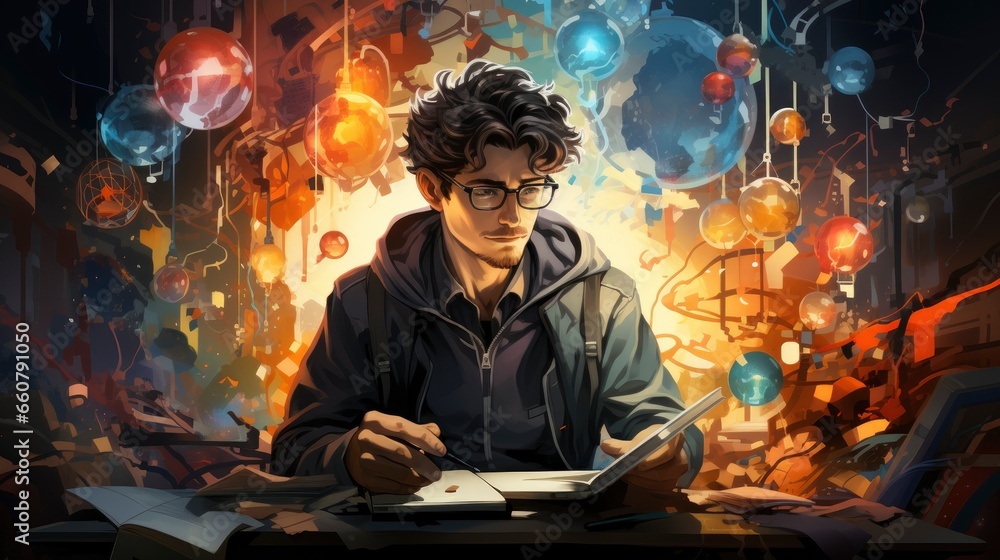 Colorful Man Self-study and research cartoon, Cartoon Graphic Design ...