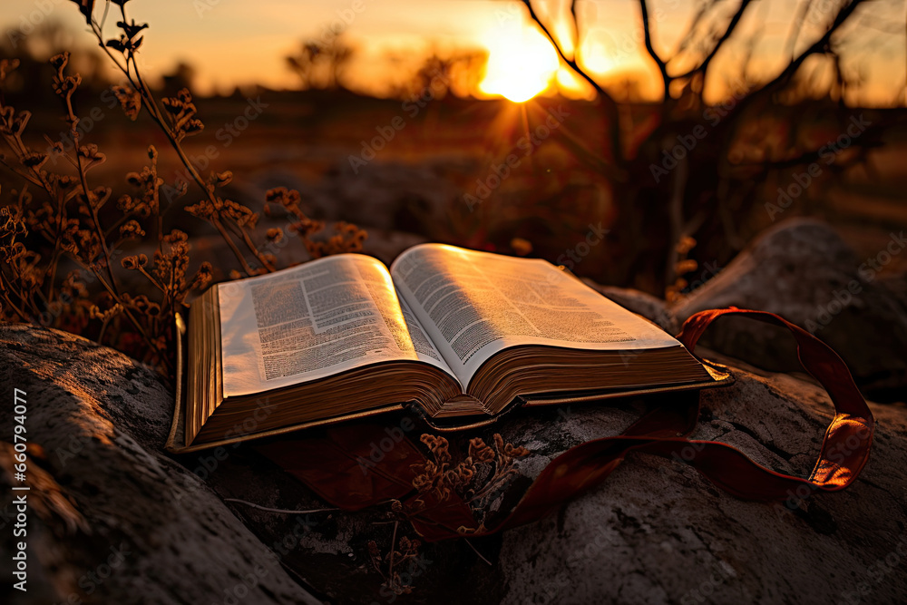 open bible with sunrise in the setting sun, the scriptures by the sunset, Bright sun light and ...