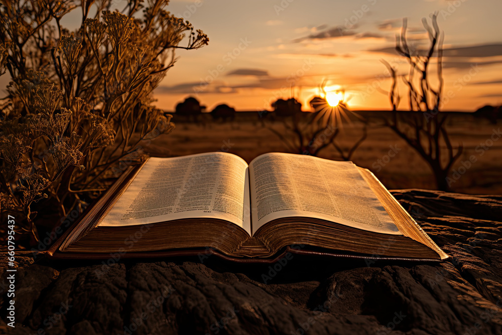 Foto de open bible with sunrise in the setting sun, the scriptures by ...