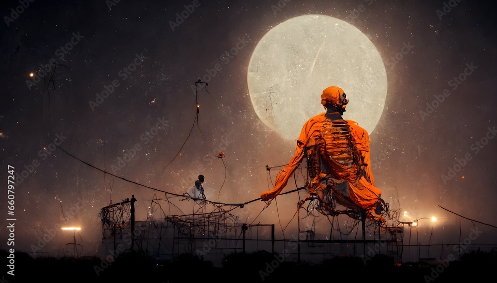 skeleton of ghandi wearing an orange prison suit brushing his teeth ...