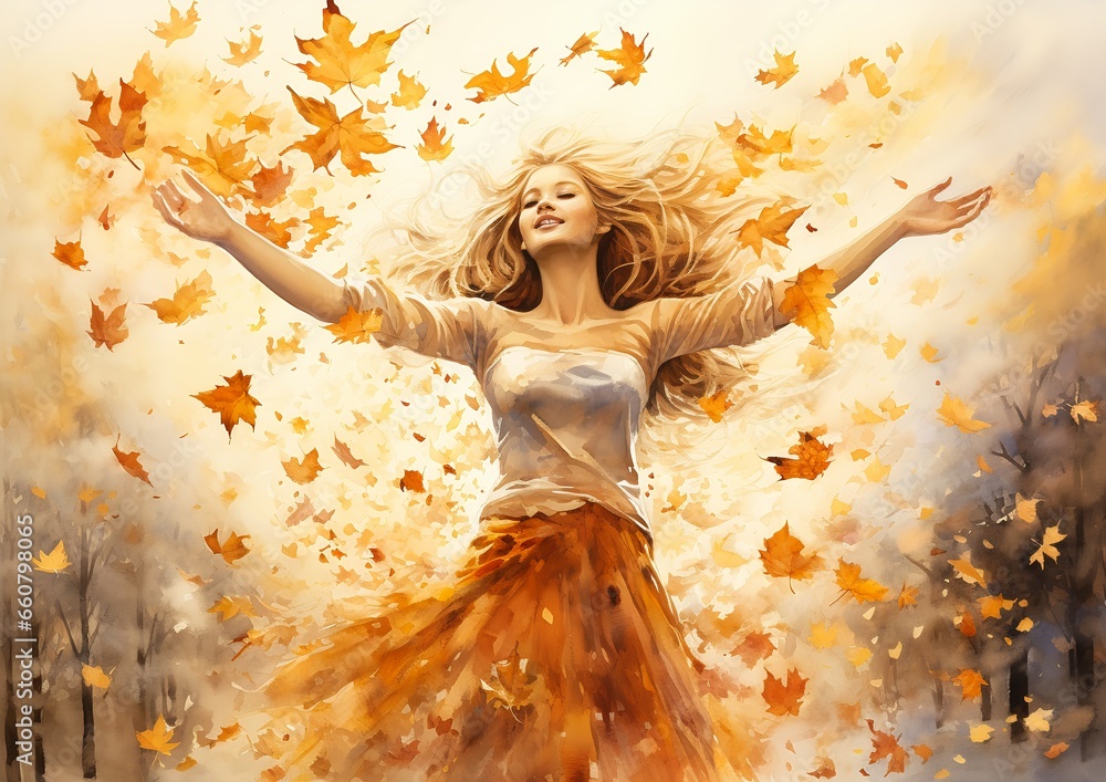 woman dress arms outstretched air autumn spirit breathtaking girl ...