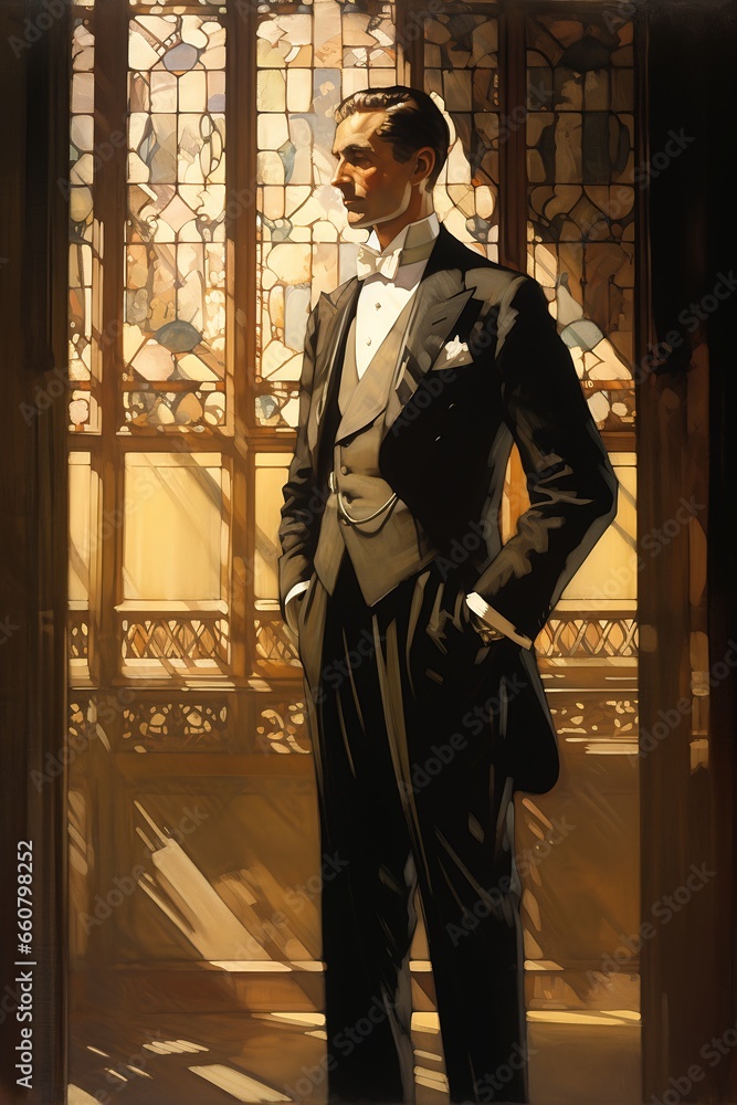 man tuxedo standing front window cover modern attire young commoner ...