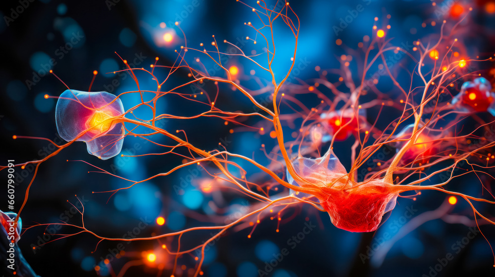 Neuronal cells of a neural network under microscope, brain signal ...