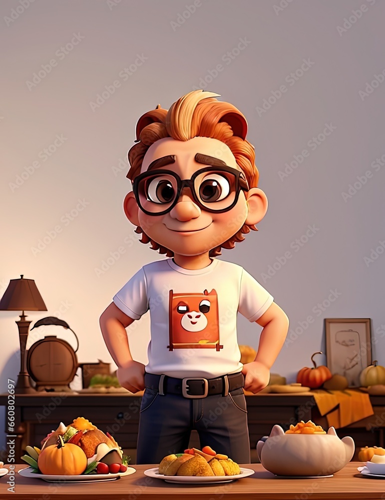 cartoon boy standing in front of a table with plates of food Stock ...